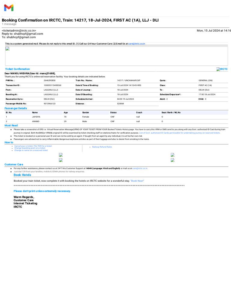 Gmail - Booking Confirmation On IRCTC, Train - 14217, 18-Jul-2024 ...