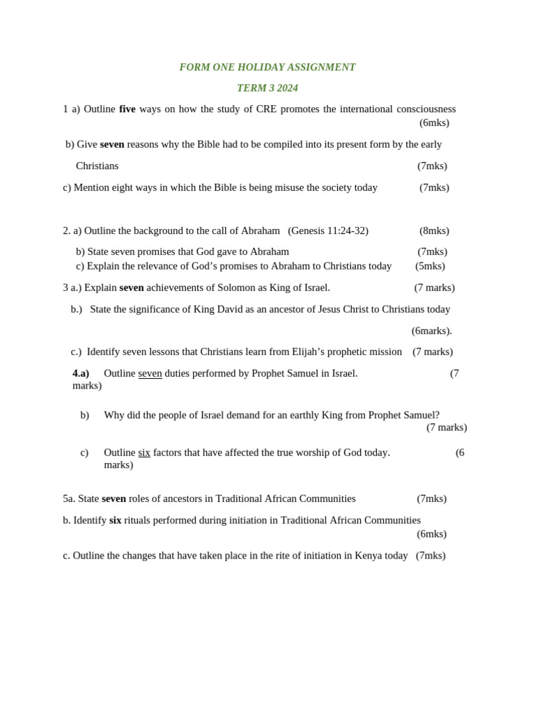 CRE Holiday Assignment Term 3 2024 | PDF