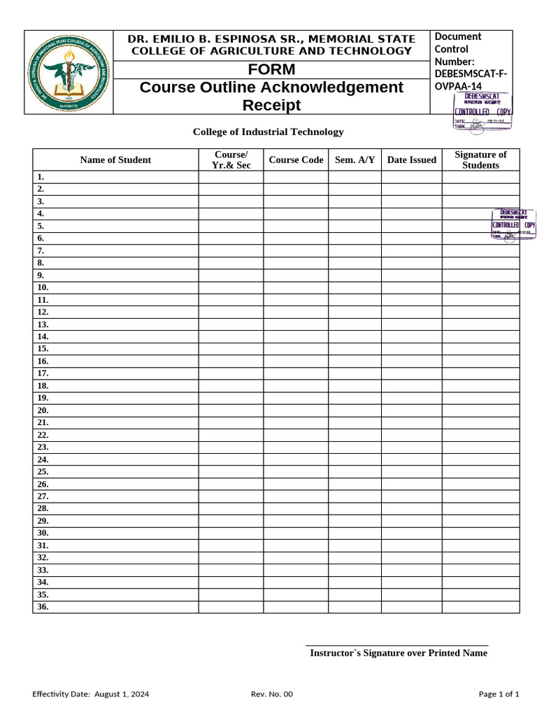 DEBESMSCAT-F-OVPAA-14 Course Outline Acknowledgement Receipt Form | PDF