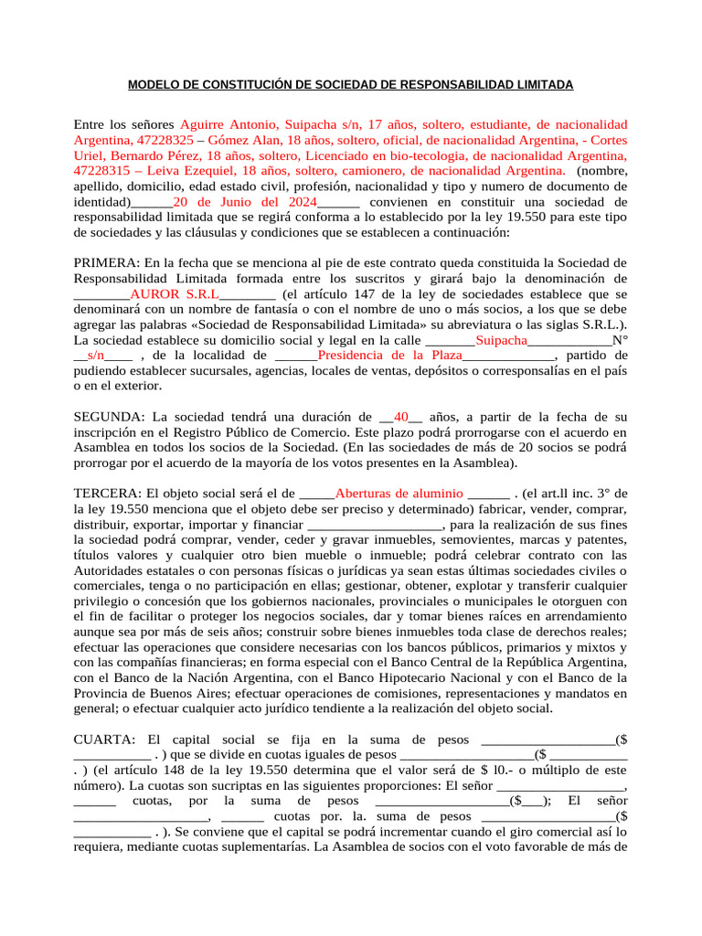 Contrato Constitutivo de Una SRL | PDF | Bancos | Sociedad de responsabilidad limitada