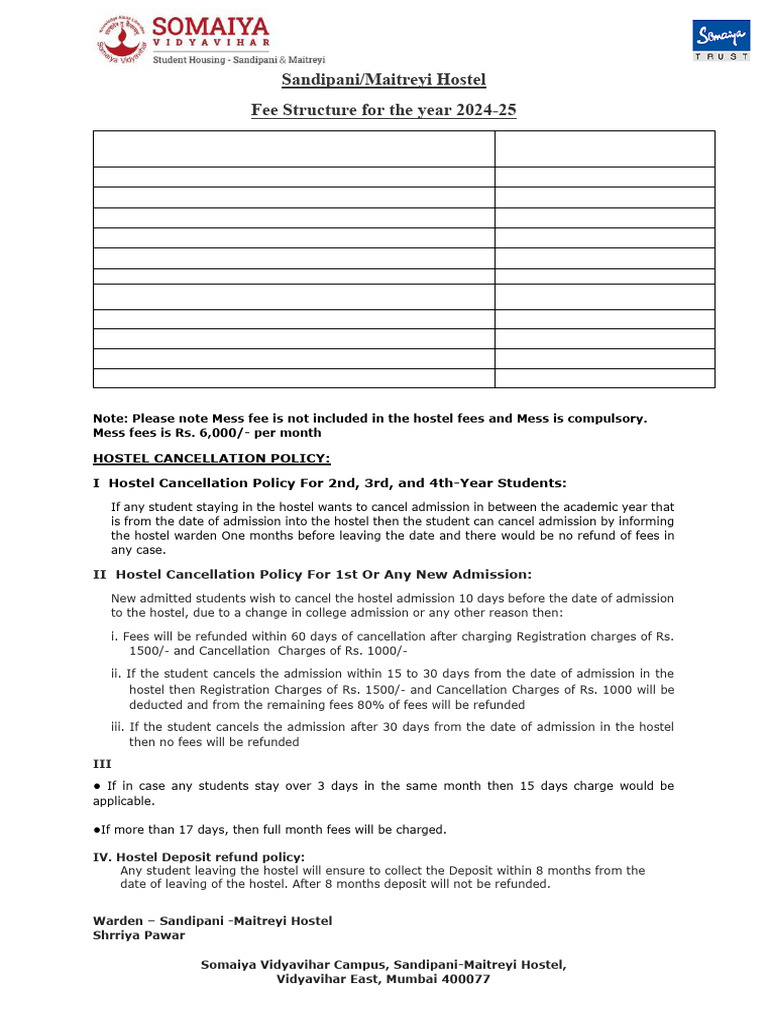 Maitreyi Hostel Fee Structure 2024-25 | PDF