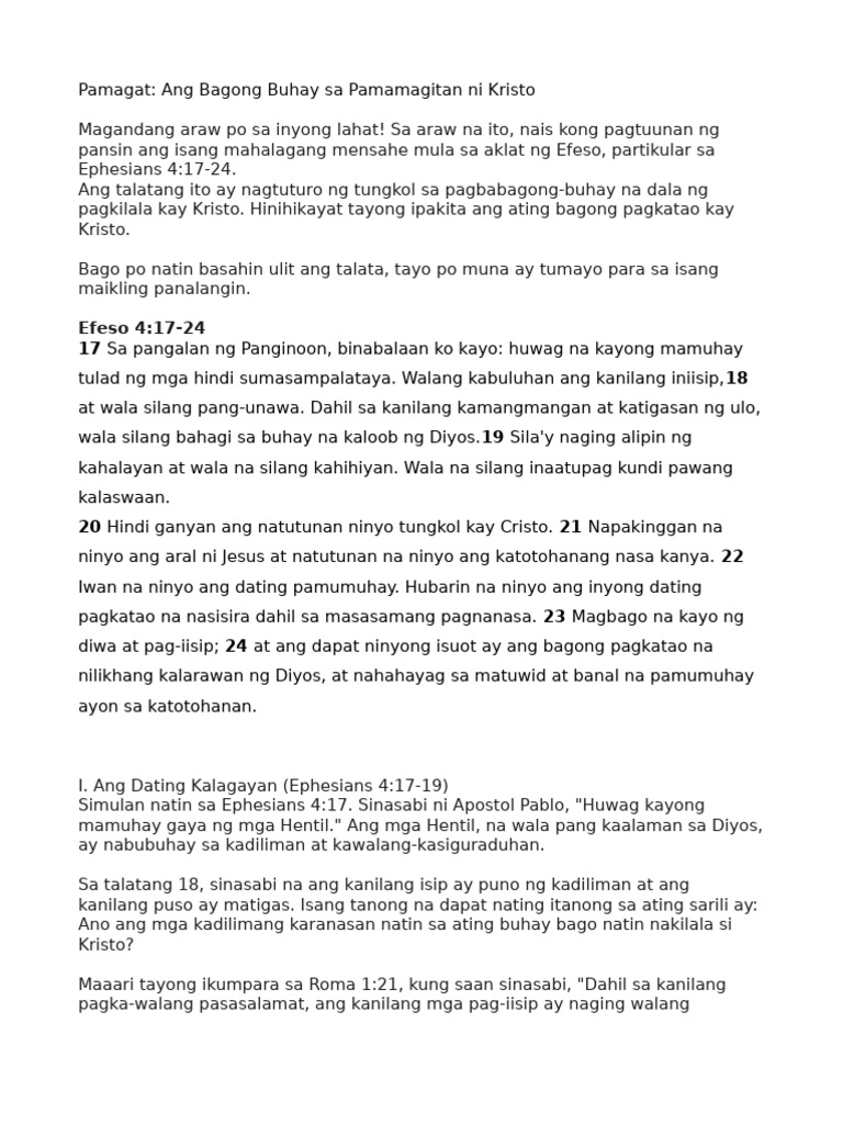 Bagong Buhay Kay Cristo Efeso 4 17-24 | PDF