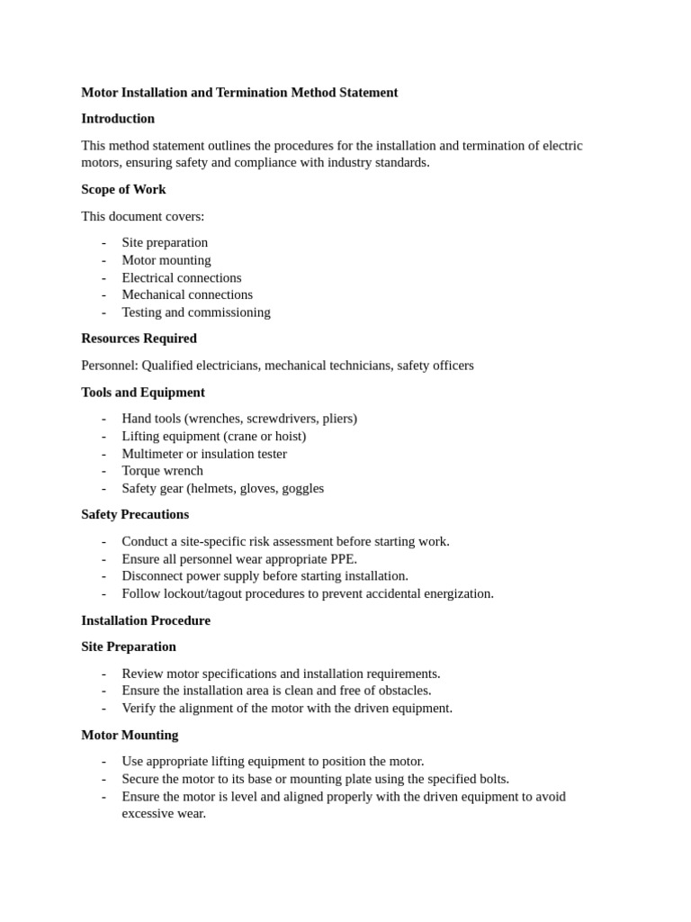 Motor Installation and Termination Method Statement | PDF | Electric ...