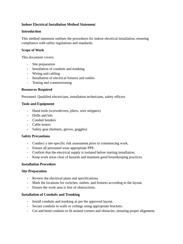 Indoor Electrical Installation Method Statement | PDF | Electrical ...
