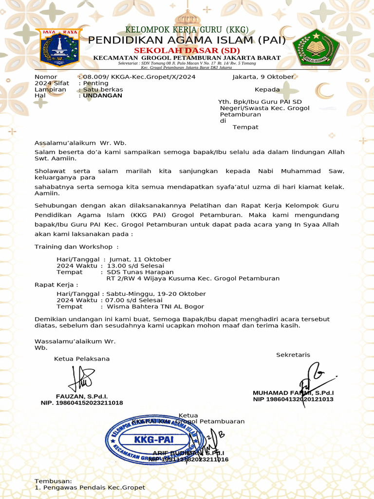 Undangan Rapat Kerja KKG PAI Grogol | PDF