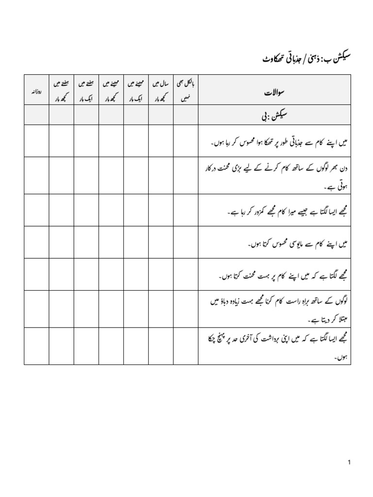 MBI Scale Questions Urdu Translated | PDF
