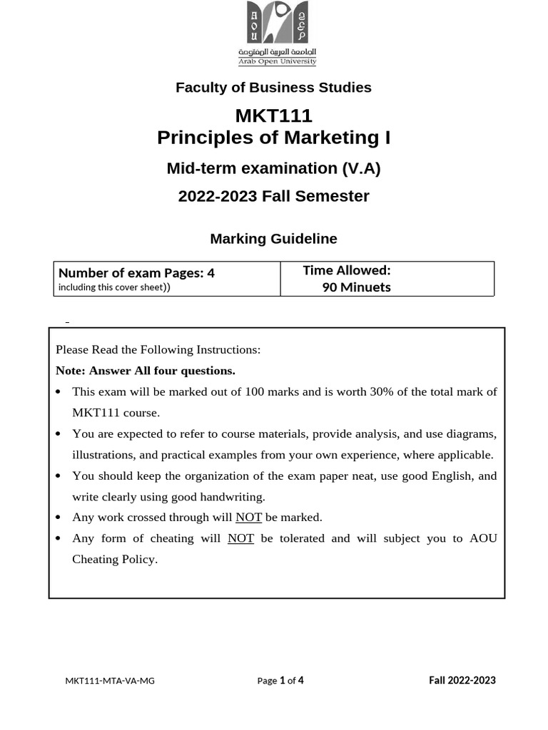 Mkt111 Mta Form A Fall 2022 2023 MG | PDF | Marketing | Marketing Strategy