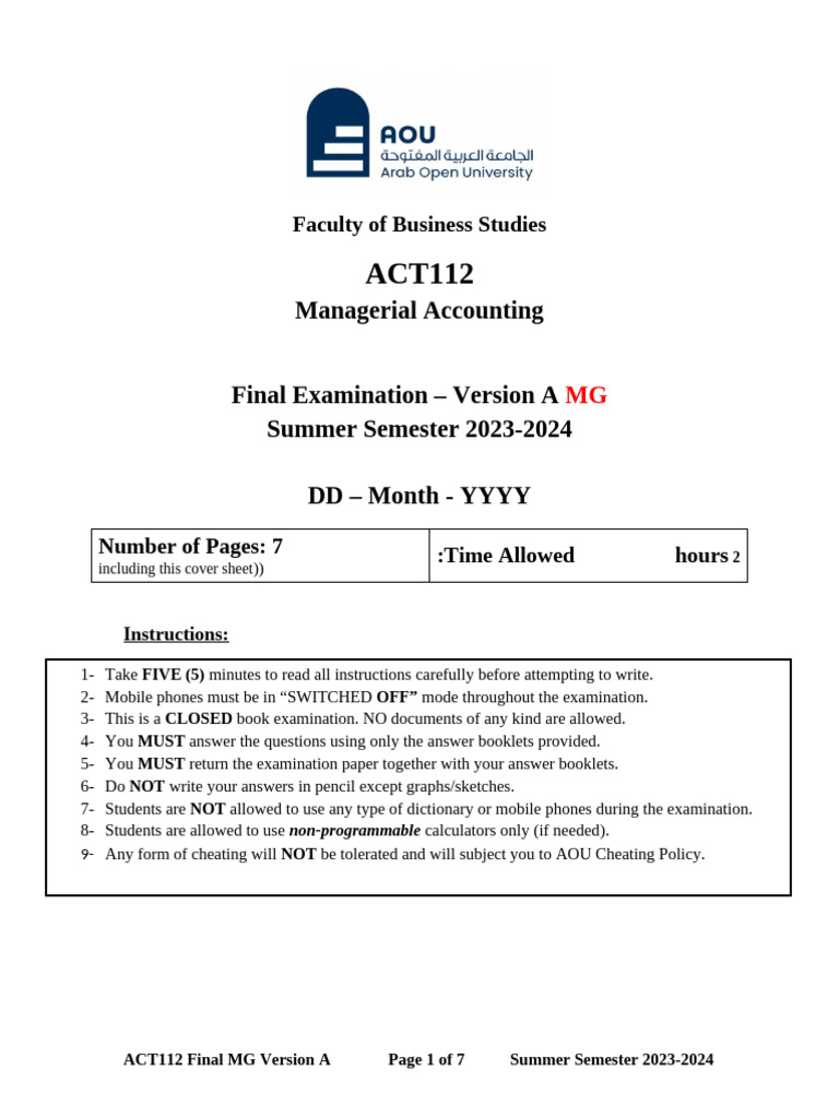 ACT112 Managerial Accounting Exam Guide | PDF | Financial Economics ...