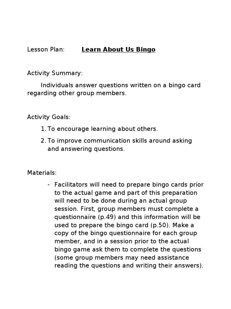 Lesson Plan Learn About Us Bingo | PDF | Questionnaire | Lesson Plan