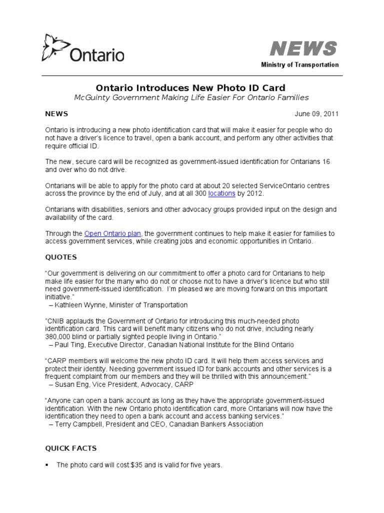 NR - Photo Card - Final Eng | PDF | Identity Document | Ontario