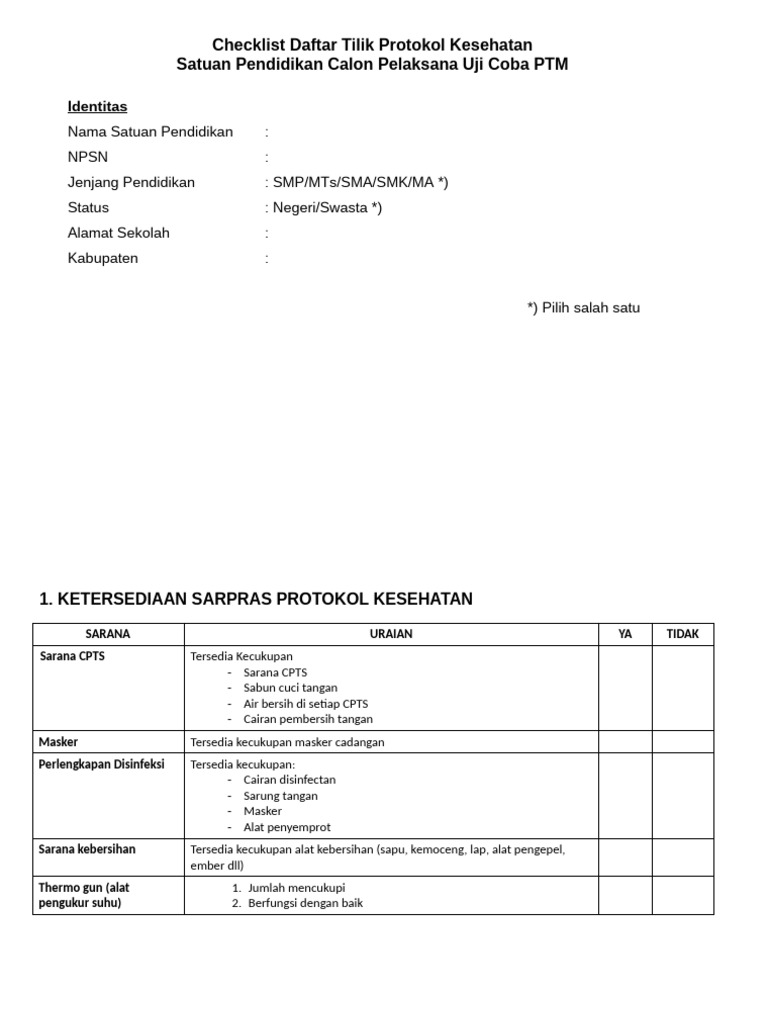 Checklist Daftar Tilik Protokol Kesehatan Satuan Pendidikan Calon ...