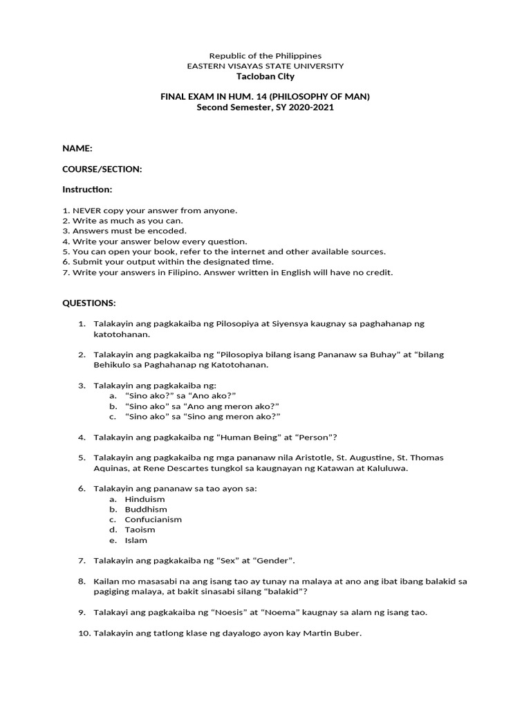 Final Exam in Philo of Man | PDF