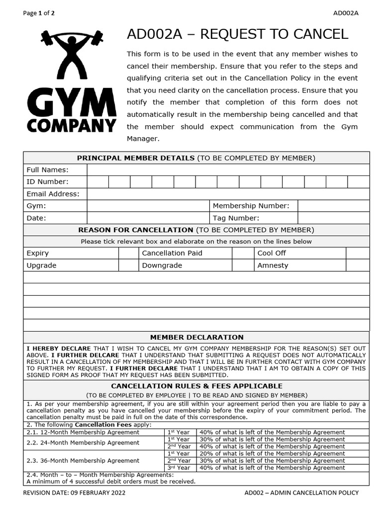Gym Membership Cancellation Request Form | PDF | Business