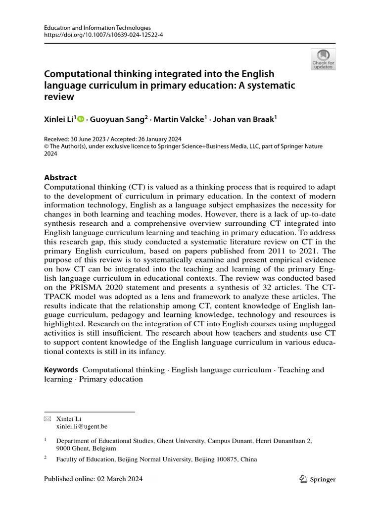 Computational Thinking Integrated Into The English Language Curriculum in Primary Education - A ...