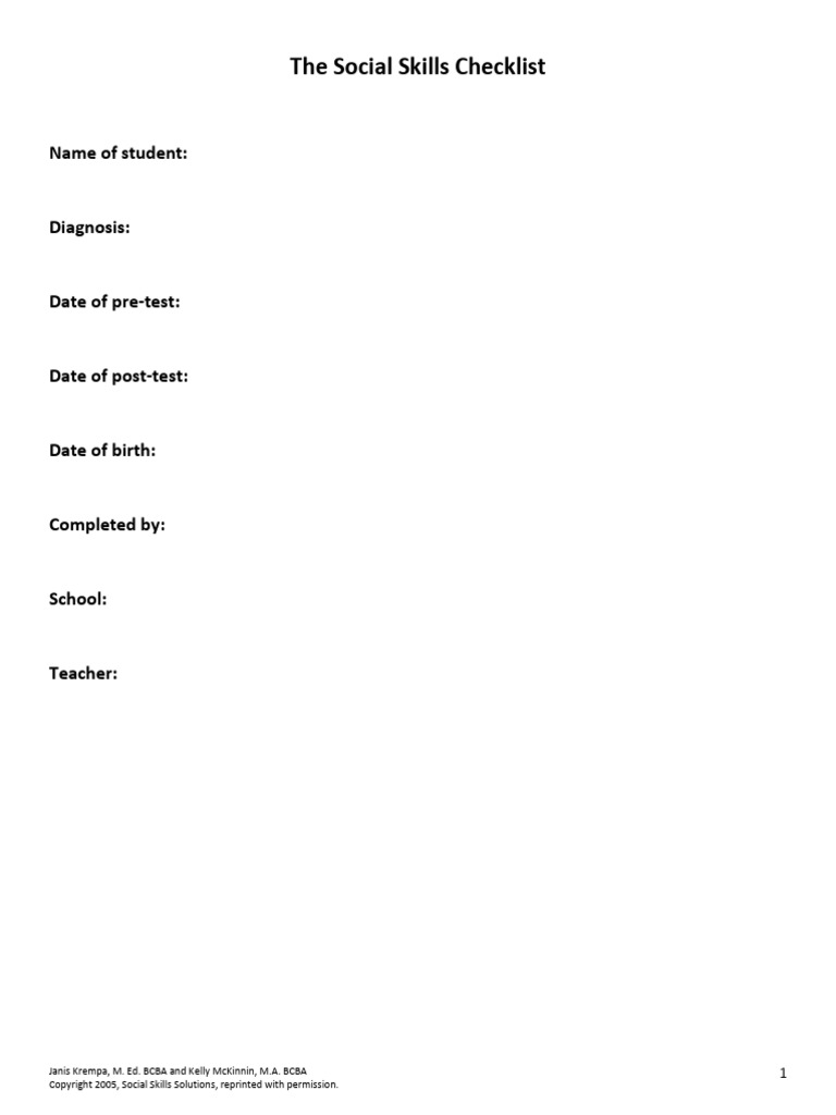 The Social Skills Checklist 1.2020 | PDF | Toys | Social Skills