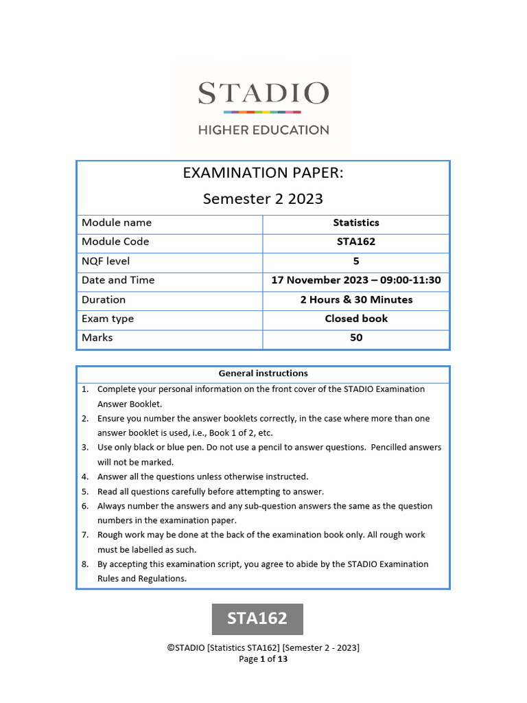 STA162 Statistics Exam Paper 2023 | PDF | Linear Regression | Statistics