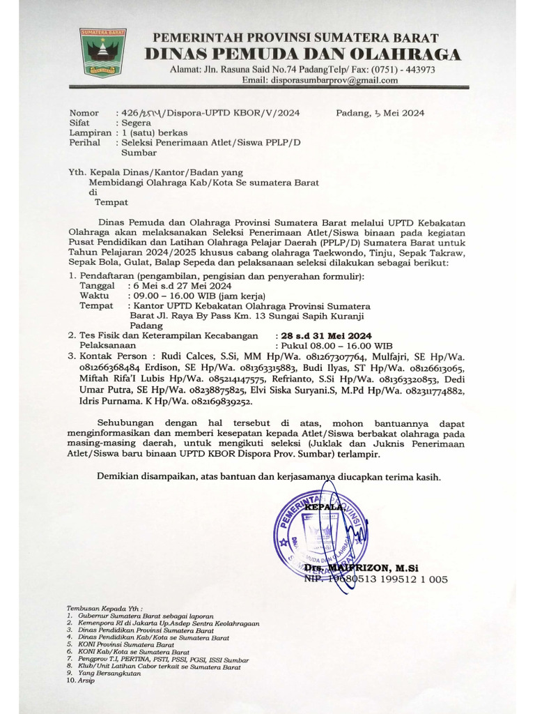 Surat Edaran Seleksi Penerimaan Atlet-Siswa Baru Binaan UPTD Dispora ...