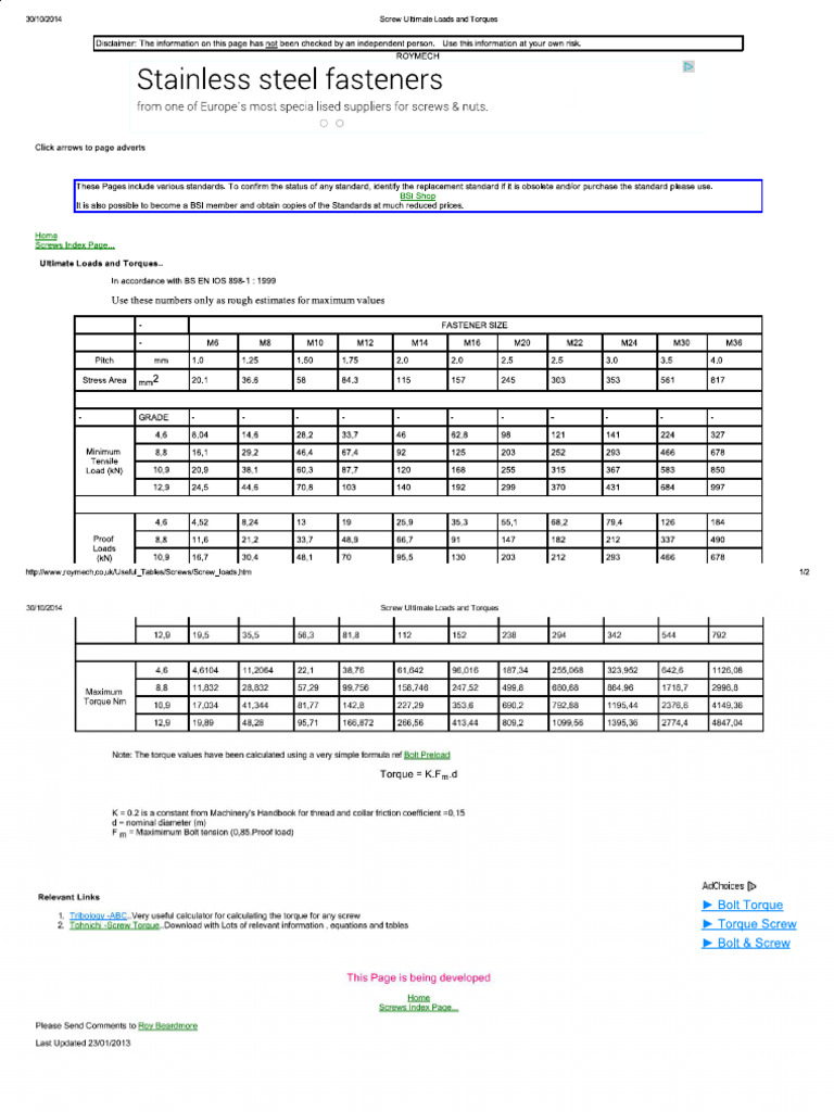 Bolts - Loads and Torques | PDF