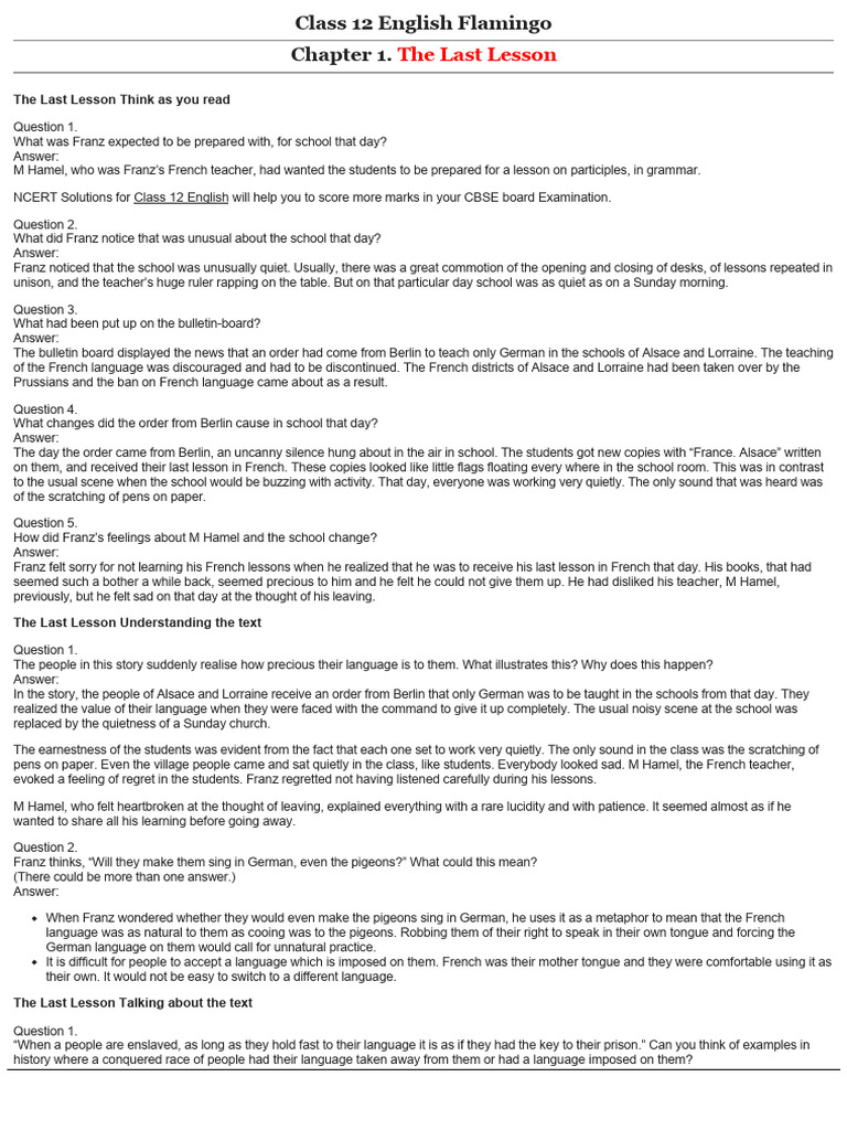 Class 12 English: The Last Lesson | PDF | Spanish Language | English ...
