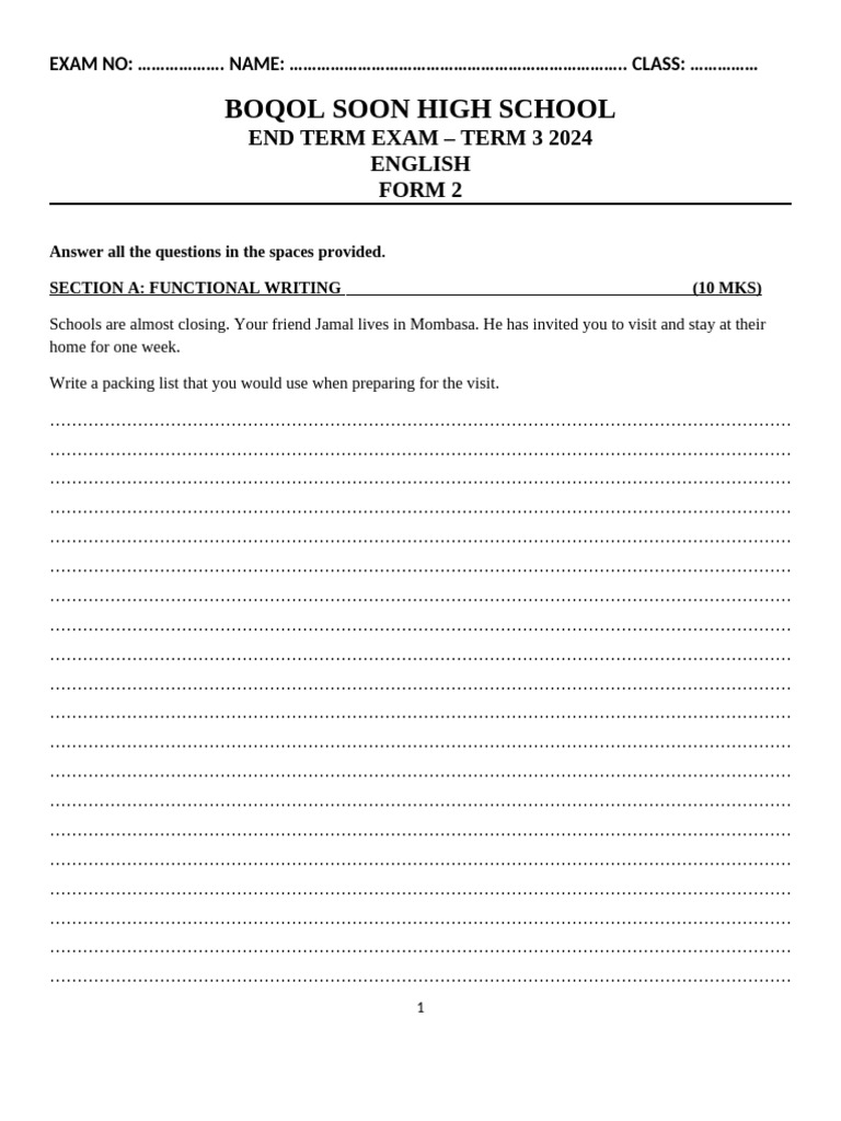 English Form 2 Term 3 2024 | PDF | Linguistics