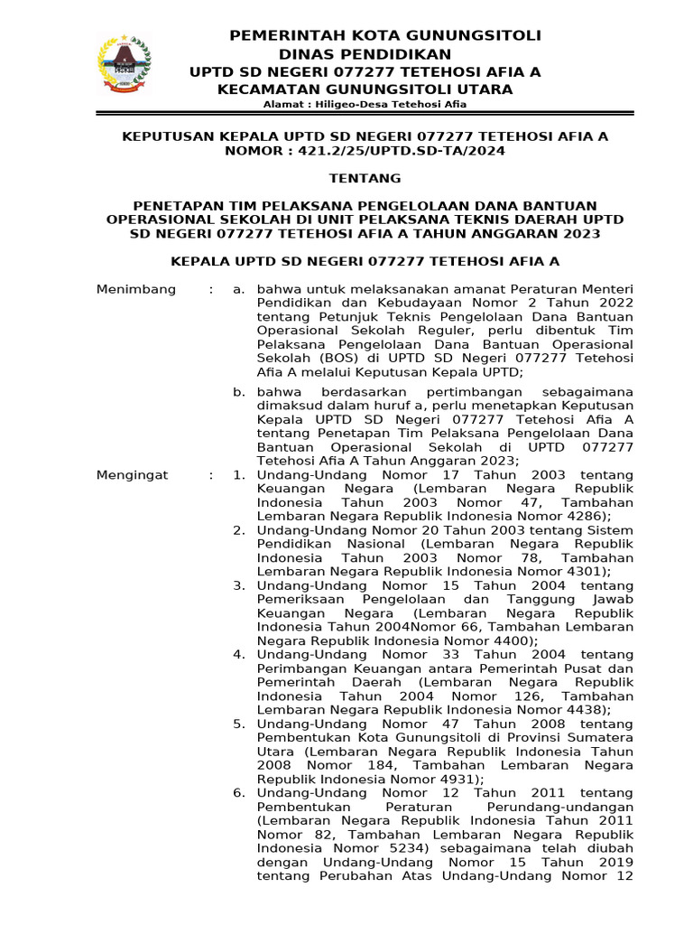 Contoh SK TIM BOS 2024-1 | PDF