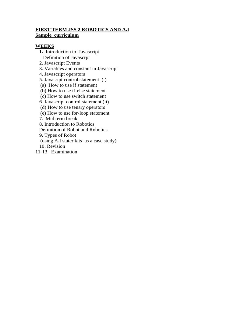 First Term Jss 2 Robotics and Ai | PDF | Java Script | Control Flow