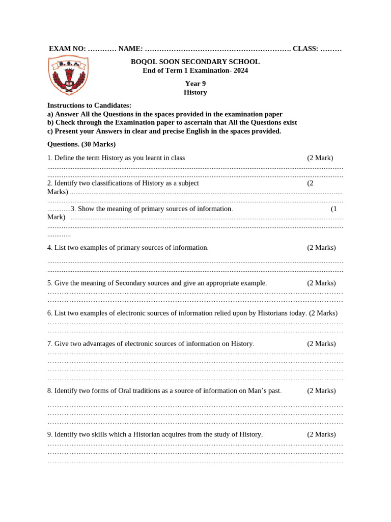 Year 9 End of Term 3-2024 History | PDF