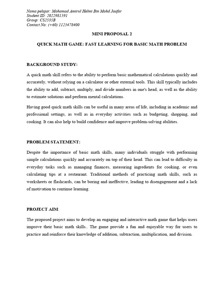Mini Proposal - Quick Math Game | PDF | Teaching Mathematics | Learning