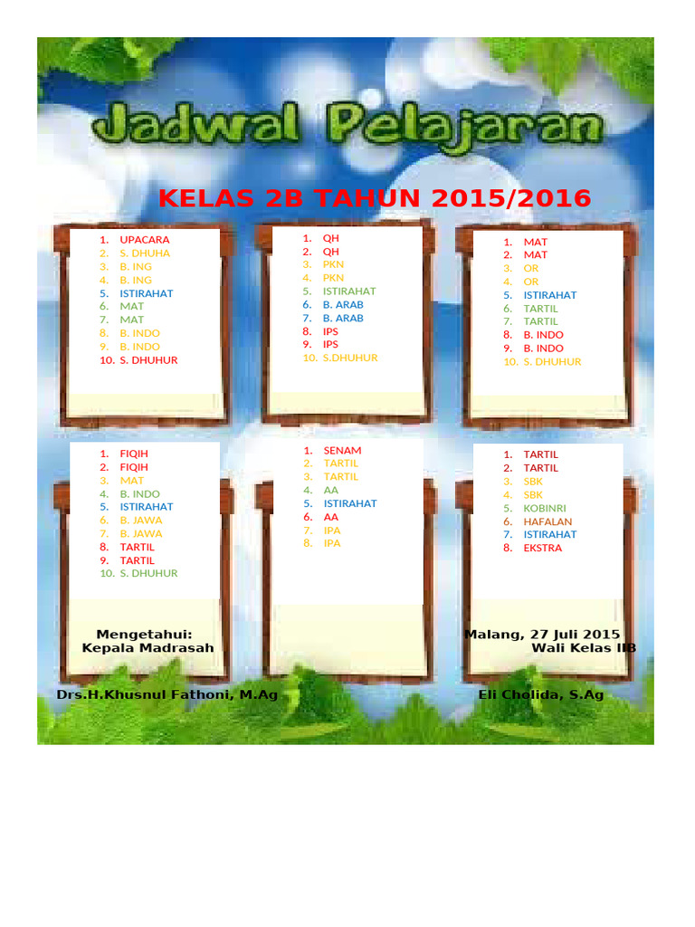 Jadwal Pelajaran Kelas 2B 2015/2016 | PDF