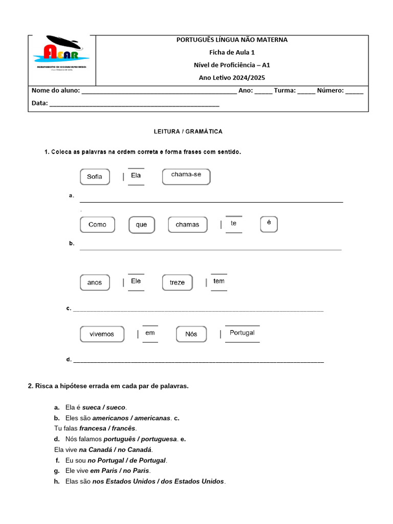 Ficha_Aula_2_A1 | PDF | Portugal