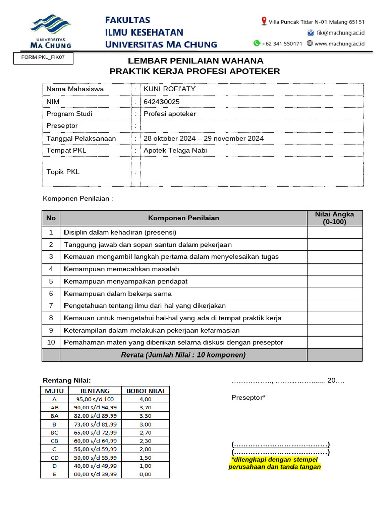 (FORM PKL - FIK07) - Lembar Penilaian PKPA Wahana | PDF