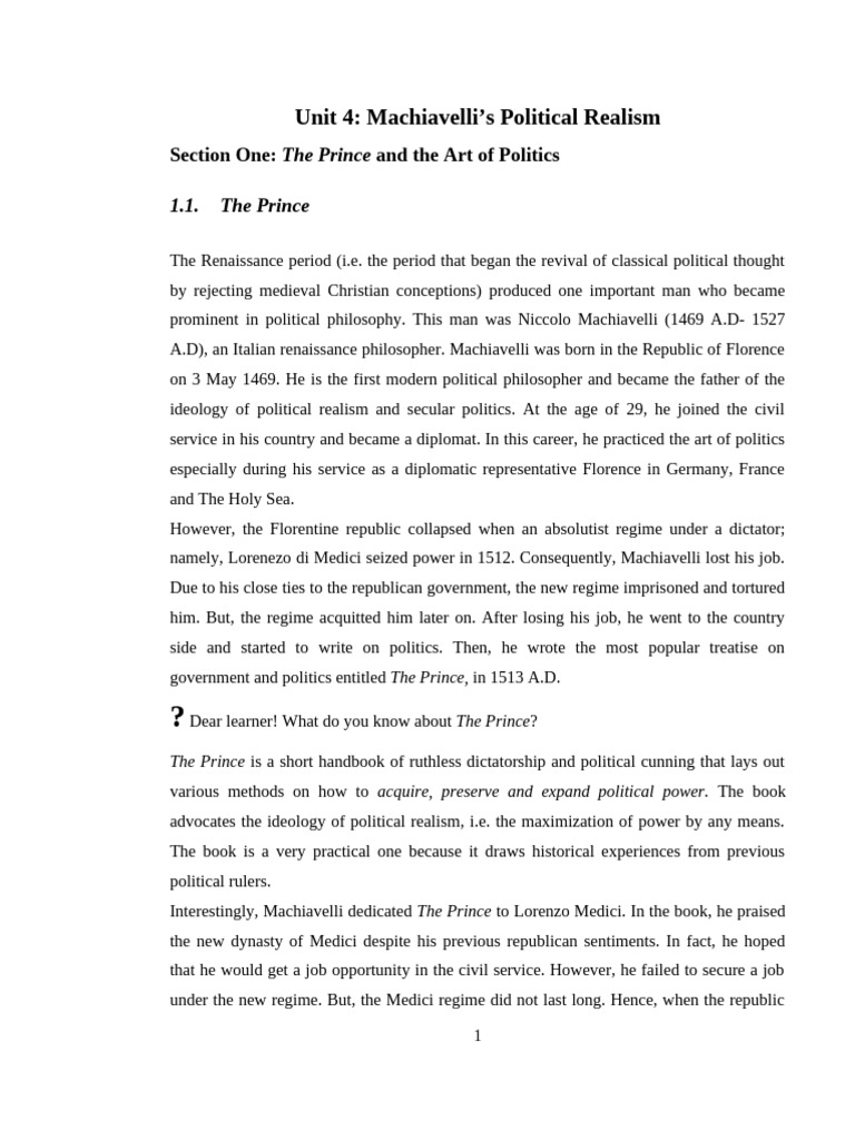 Unit 4 M 1 | PDF | The Prince | Niccolò Machiavelli