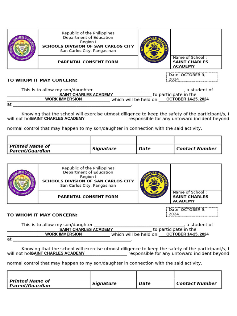 Parental Consent Workimmersion 1 | PDF | Social Institutions