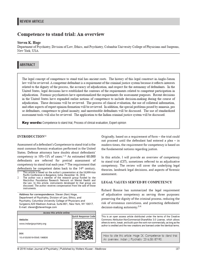 Competence To Stand Trial An Overview.6 | PDF | Competence (Law) | Justice