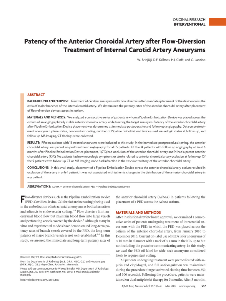 Patency of The Anterior Choroidal Artery After Flow-Diversion Treatment ...