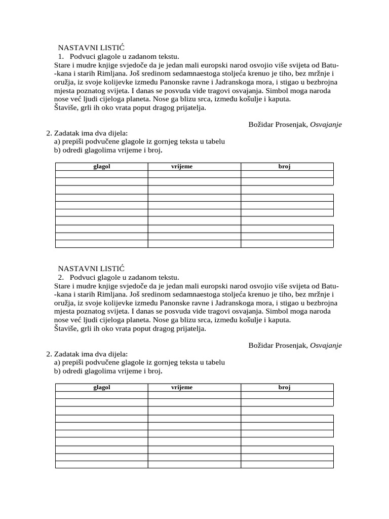 Nastavni LISTIĆ GLAGOLI | PDF