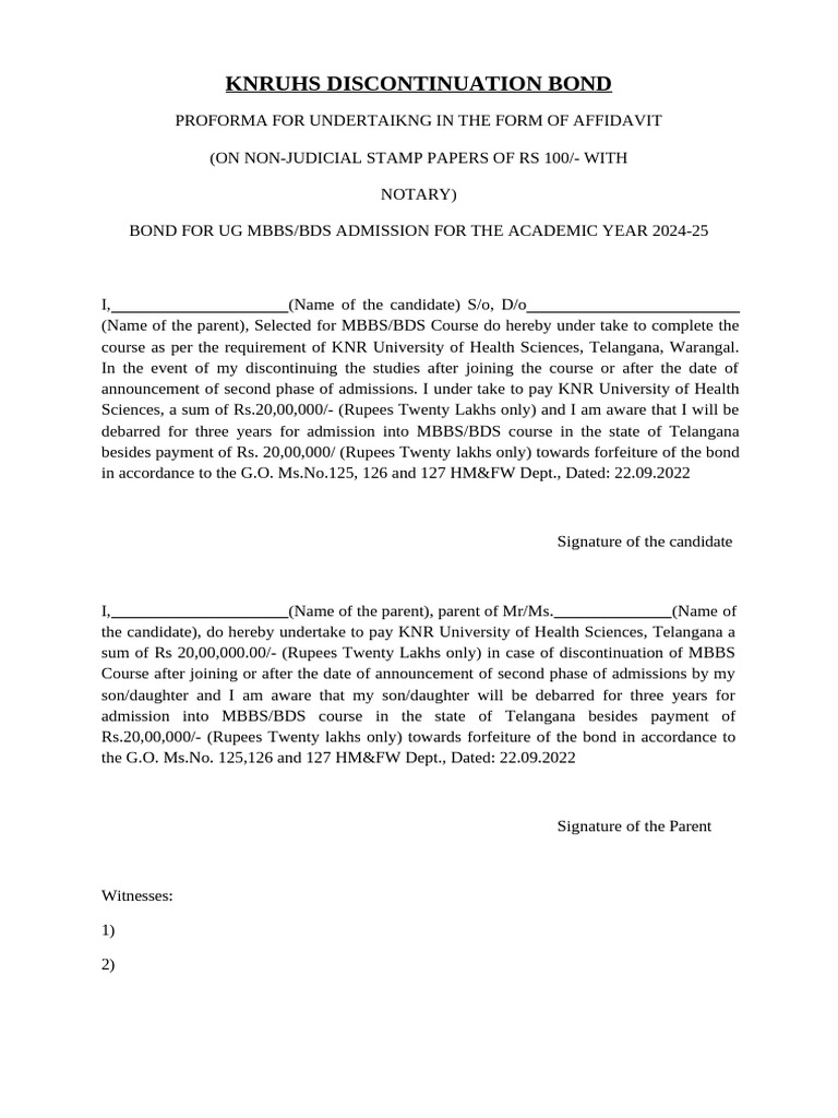 KNRUHS MBBS/BDS Discontinuation Bond | PDF