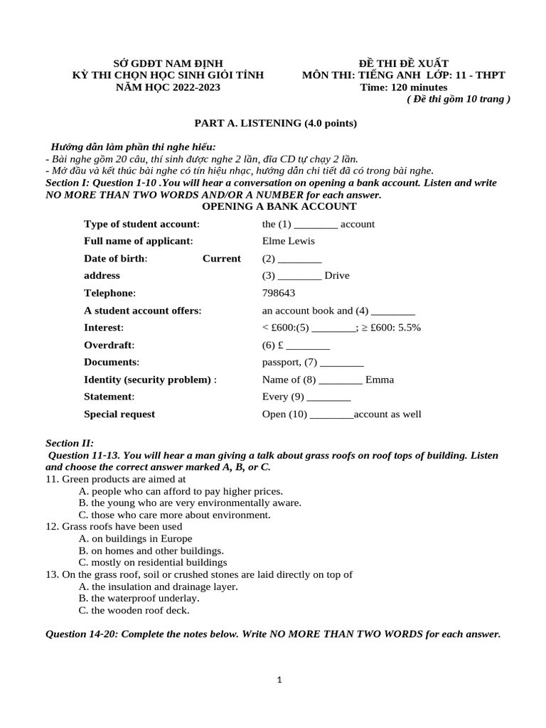 DE HSG 11 TIENG ANH THPT GIAO THỦY C VŨ XUÂN THUẬN | PDF | Games & Activities | Language Arts ...