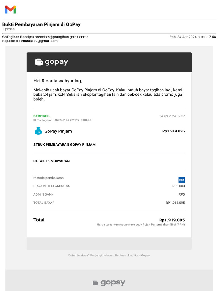 Gmail - Bukti Pembayaran Pinjam Di GoPay | PDF