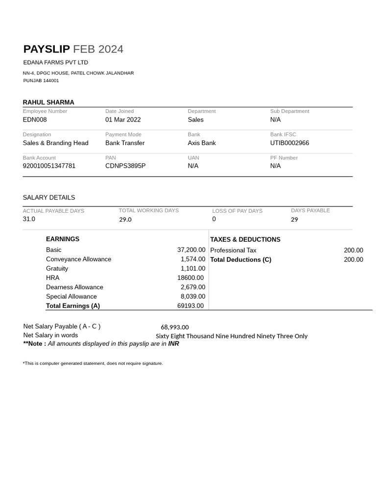 February 2024 Payslip for Rahul Sharma | PDF