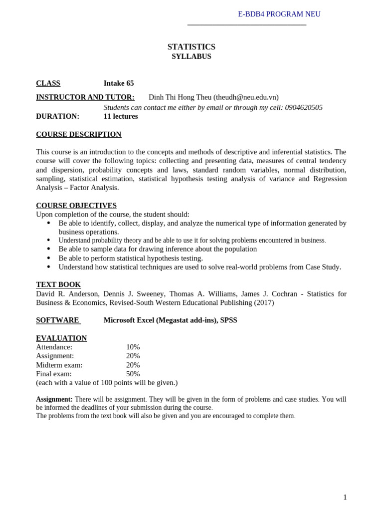 EBBA Syllabus | PDF | Statistics | Probability Theory