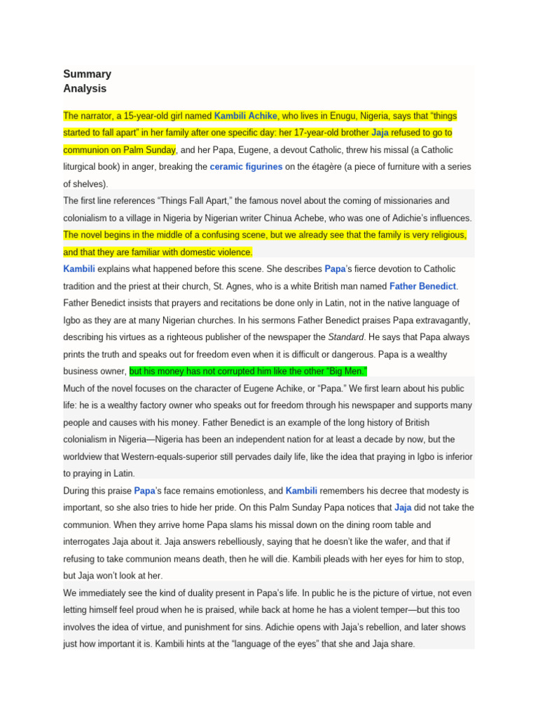 Purple Hibiscus: Chapter 1 Summary | PDF