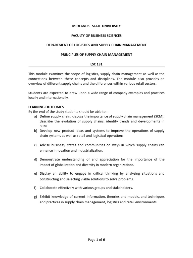 LSC 131 Course Module Outline Principles of Supply Chain Management ...