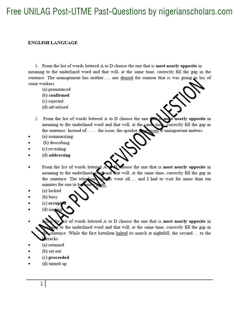 Unilag Post Utme Past Questions Answers 1 | PDF | Mean
