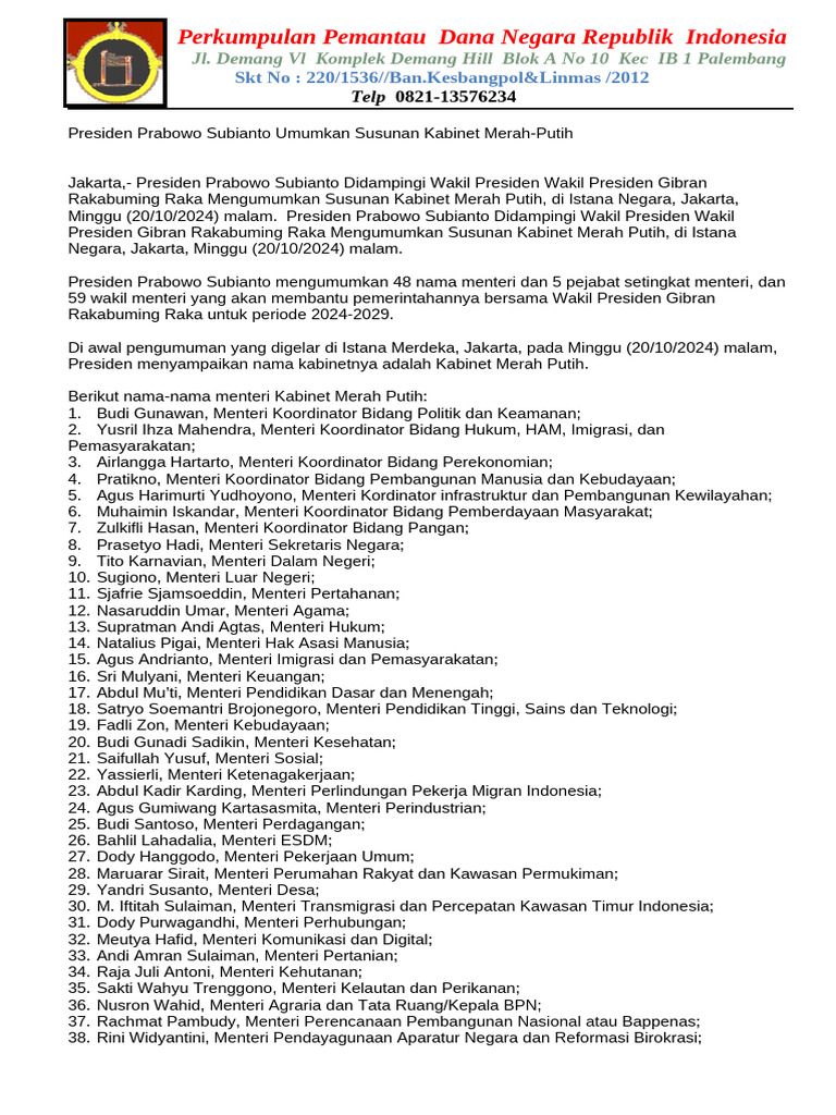 Susunan Kabinet Merah Putih | PDF | Politik
