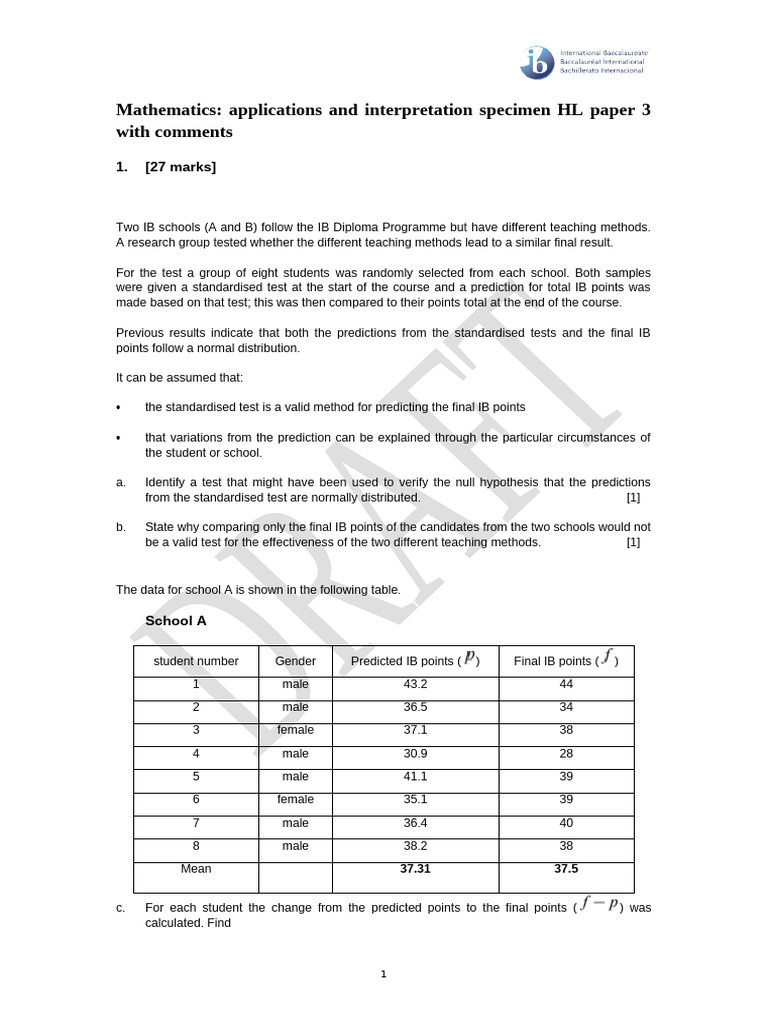 IB Math HL Paper 3 Specimen Analysis | PDF | Variance | Estimator