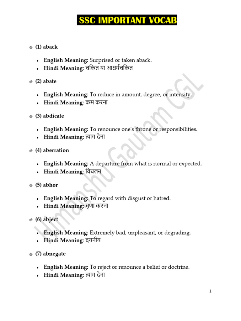 SSC Vocabulary: English-Hindi Meanings | PDF | Career & Growth | Philosophy