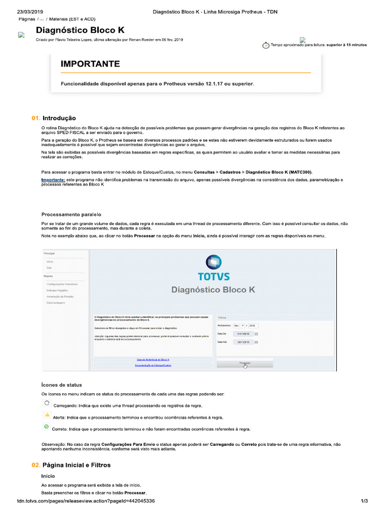 Diagnóstico Bloco K - Linha Microsiga Protheus - TDN | PDF