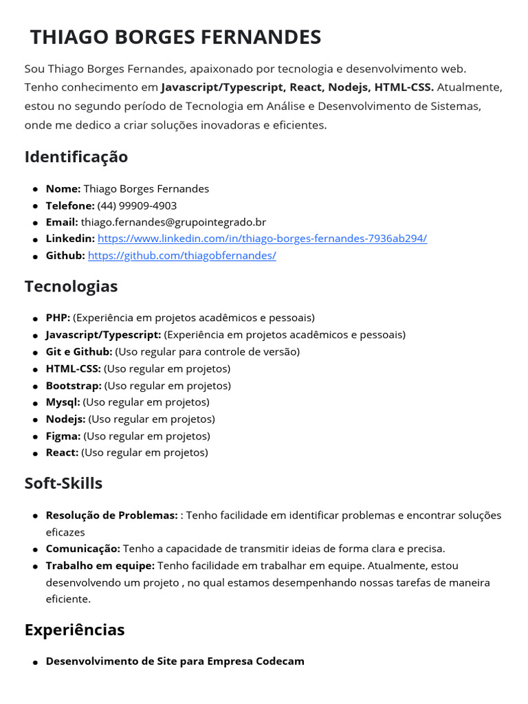 Thiago Borges Fernandes: Desenvolvimento Web | PDF