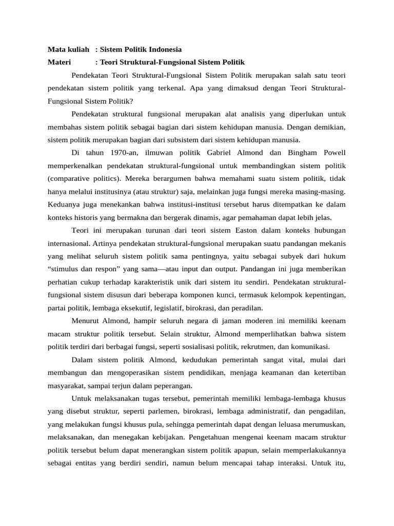 Teori Struktural-Fungsional Politik | PDF